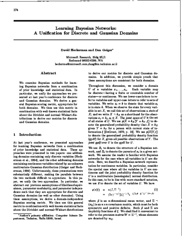 (PDF) Learning Bayesian Networks: A Unification for Discrete and GaussianDomains