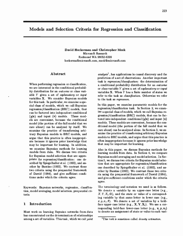(PDF) Models and Selection Criteria for Regression and Classification
