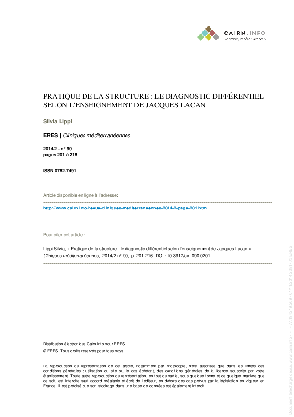 (PDF) Pratique de la structure : le diagnostic différentiel selon l'enseignement de Jacques Lacan
