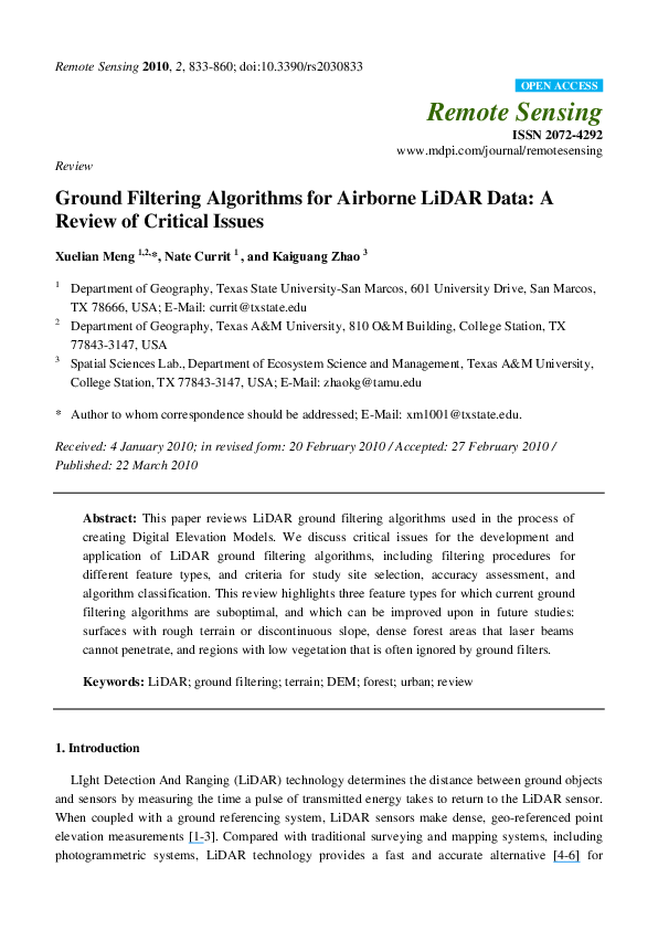 Pdf Ground Filtering Algorithms For Airborne Lidar Data A Review Of Critical Issues