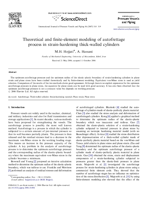 (PDF) Theoretical and finite-element modeling of autofrettage process in strain-hardening thick ...