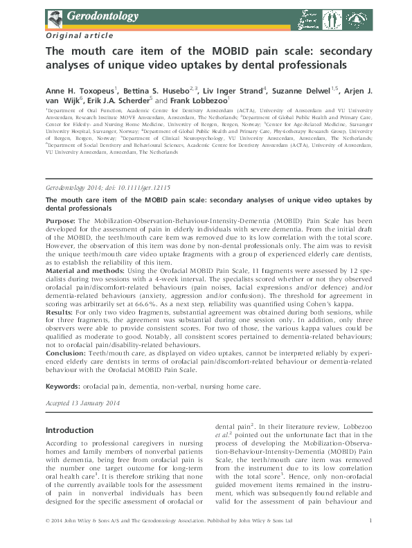 (PDF) The mouth care item of the MOBID pain scale: secondary analyses ...