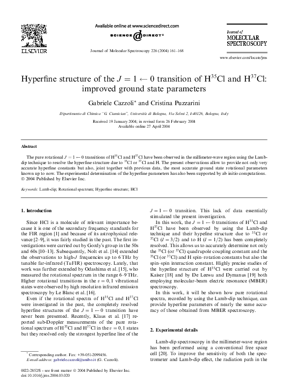 (PDF) Hyperfine structure of the J=1←0 transition of H 35Cl and H 37Cl ...