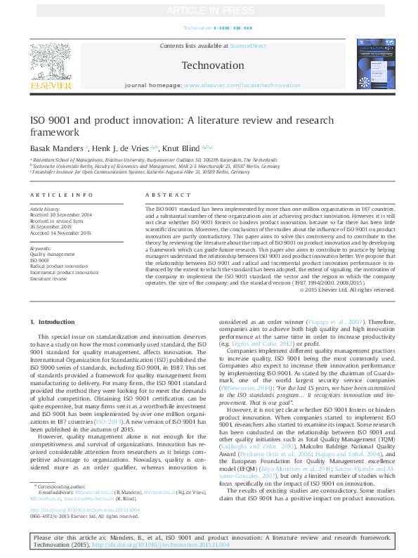 (PDF) ISO 9001 and product innovation: A literature review and research ...