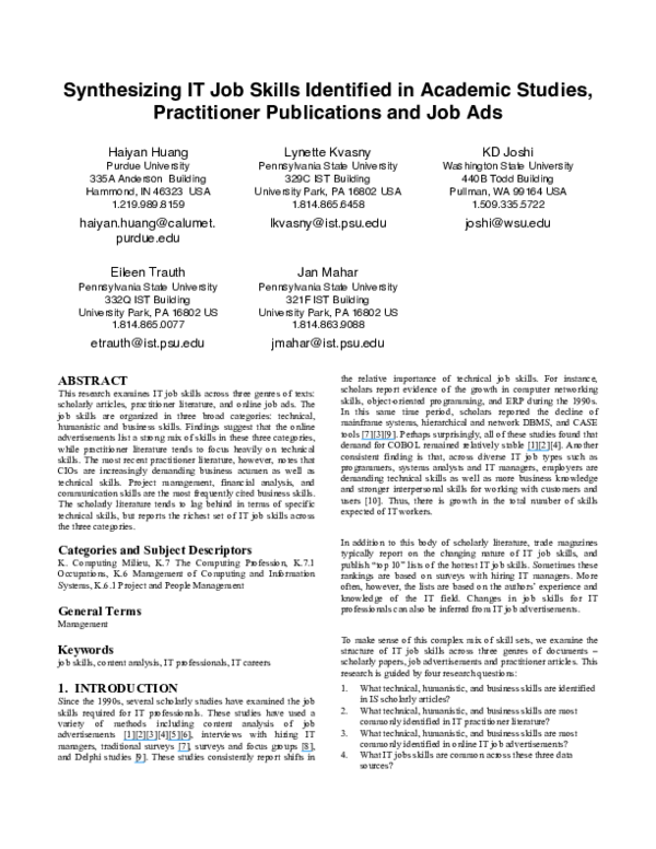 (PDF) Synthesizing IT job skills identified in academic studies ...