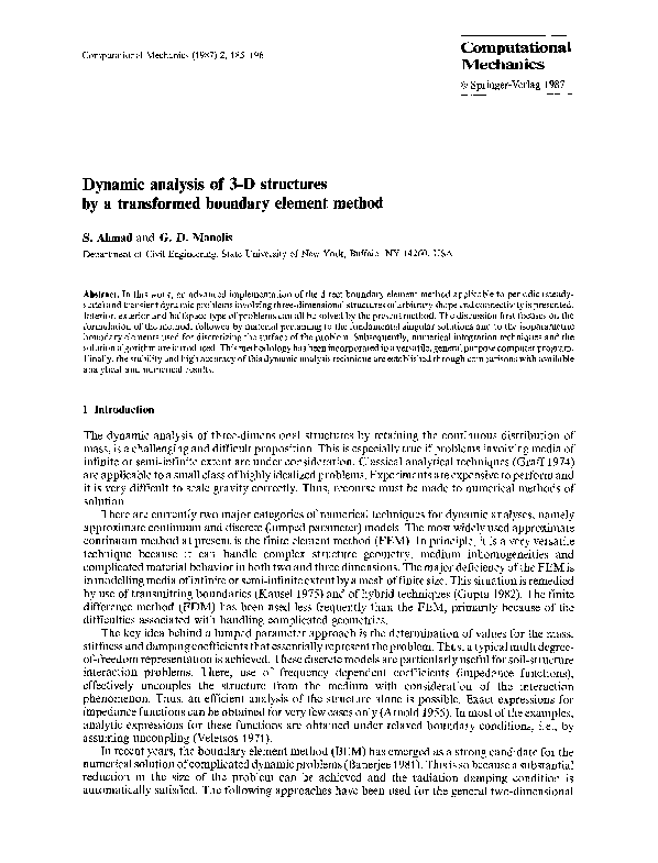 Pdf Dynamic Analysis Of 3 D Structures By A Transformed Boundary