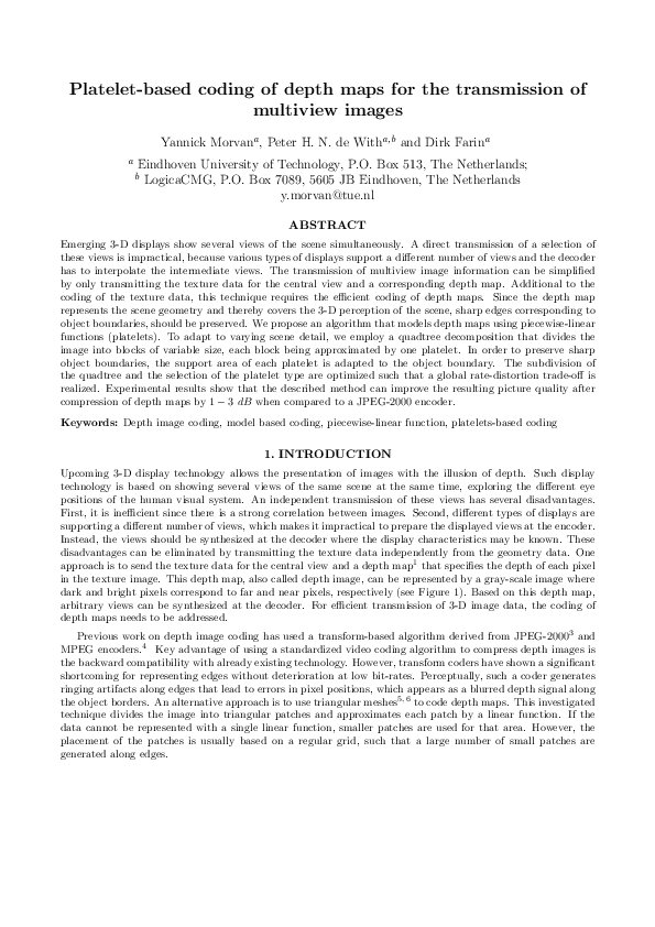 (PDF) Platelet-based coding of depth maps for the transmission of multiview images