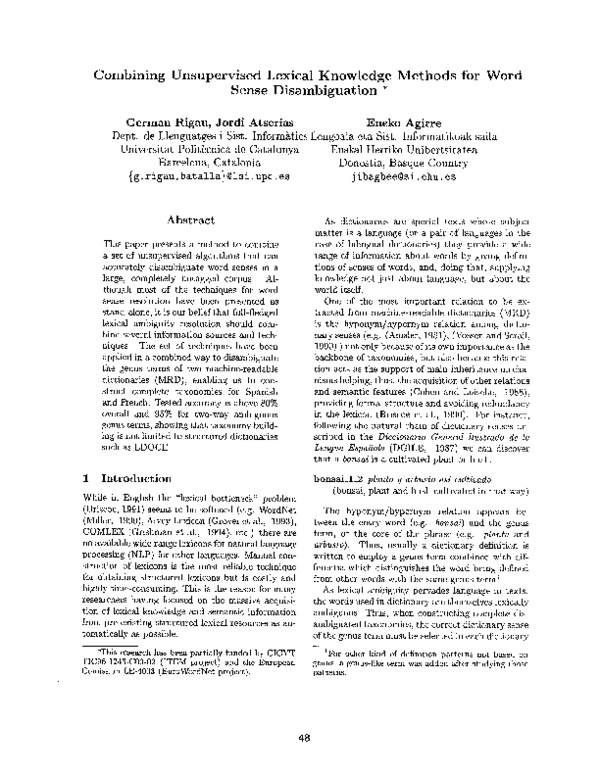 Pdf Combining Unsupervised Lexical Knowledge Methods For Word Sense Disambiguation Jordi