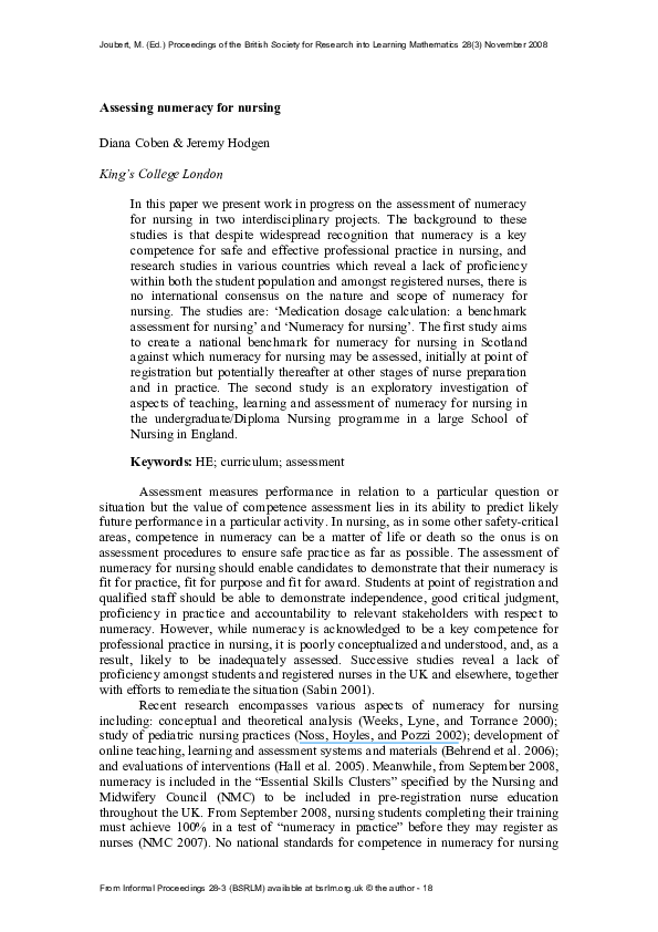(PDF) Assessing numeracy for nursing