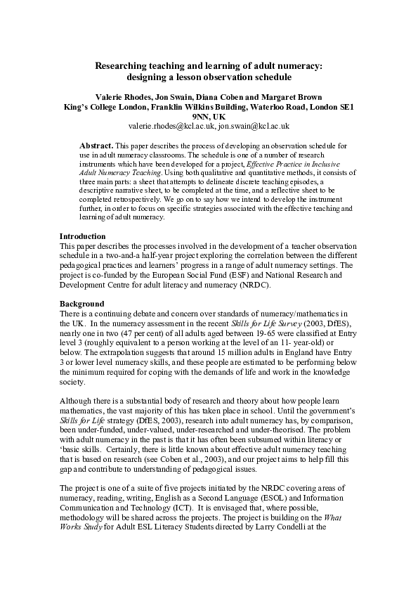 (PDF) Researching teaching and learning of adult numeracy: designing a ...