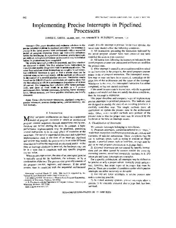 Pdf Implementation Of Precise Interrupts In Pipelined Processors