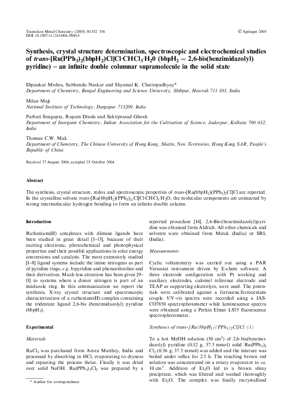 (PDF) Synthesis, crystal structure determination, spectroscopic and electrochemical studies of ...