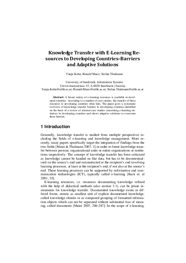 (PDF) Knowledge Transfer with E-Learning Resources to Developing ...