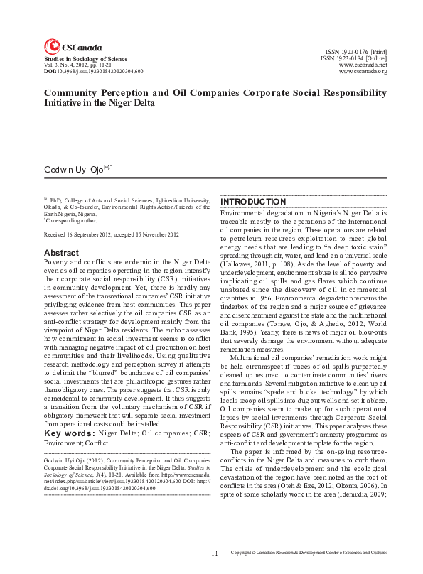 (PDF) Community Perception and Oil Companies Corporate Social Responsibility Initiative in the ...