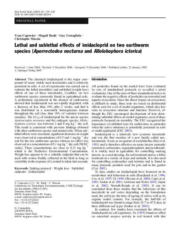 (PDF) Lethal and sublethal effects of imidacloprid on two earthworm ...