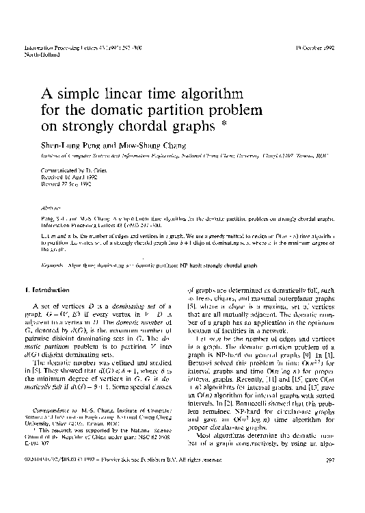 Pdf A Simple Linear Time Algorithm For The Domatic Partition Problem On Strongly Chordal Graphs