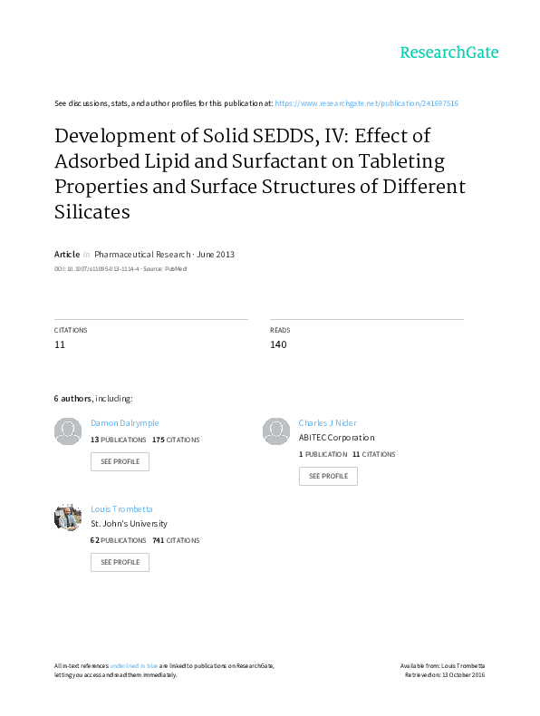 (PDF) Development of Solid SEDDS, IV: Effect of Adsorbed Lipid and ...