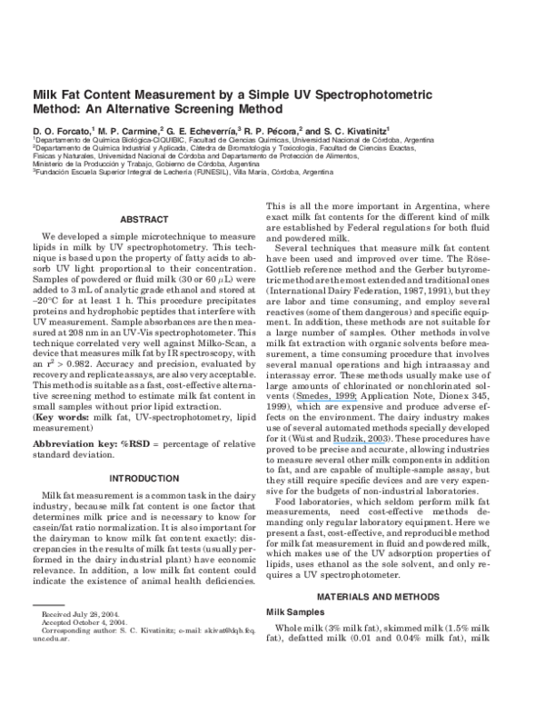 (PDF) Milk Fat Content Measurement by a Simple UV Spectrophotometric ...