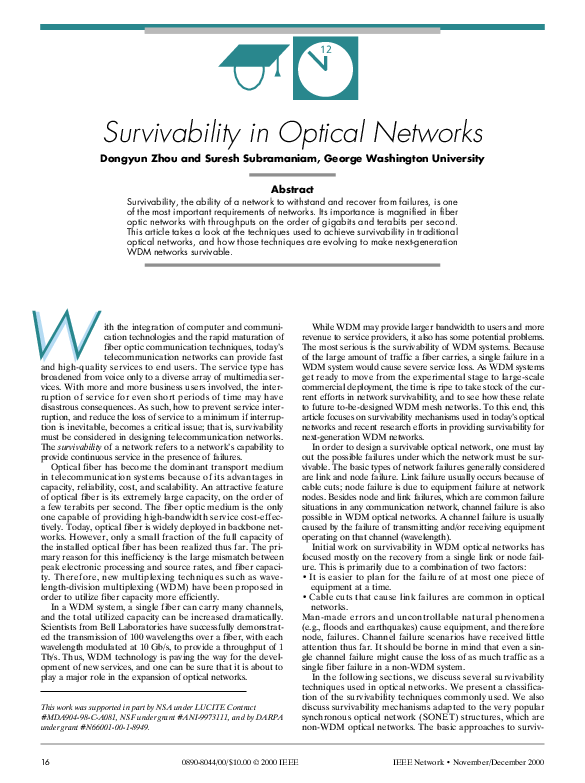 (PDF) Survivability in optical networks