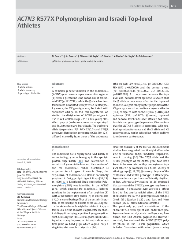(PDF) ACTN3 R577X polymorphism and Israeli top-level athletes
