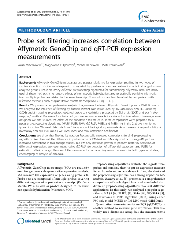 (PDF) Probe set filtering increases correlation between Affymetrix GeneChip and qRT-PCR ...