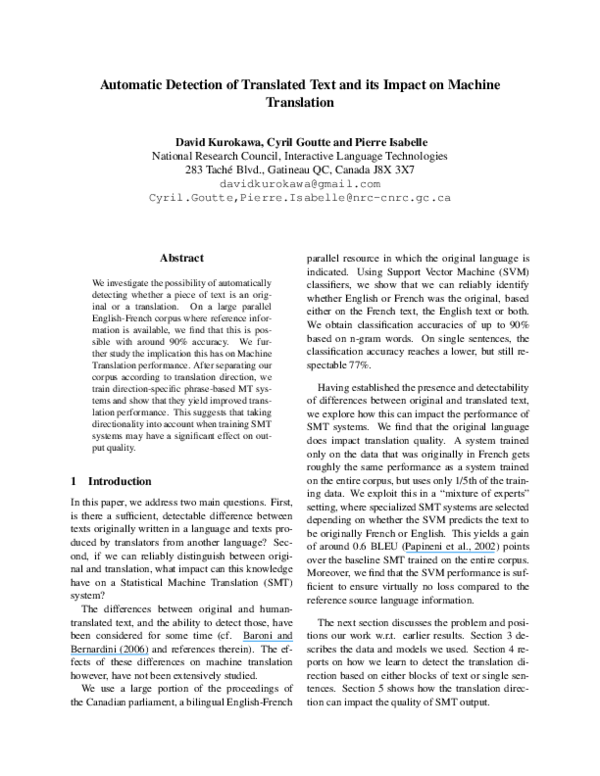 Pdf Automatic Detection Of Translated Text And Its Impact On Machine Translation Cyril