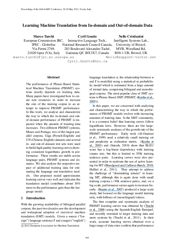 (PDF) Learning Machine Translation from In-domain and Out-of-domain Data
