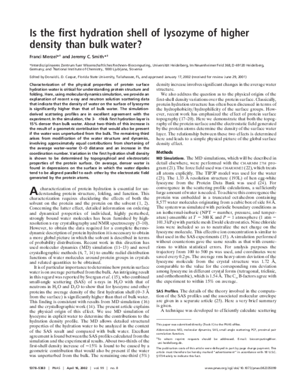 (PDF) Is the first hydration shell of lysozyme of higher density than ...