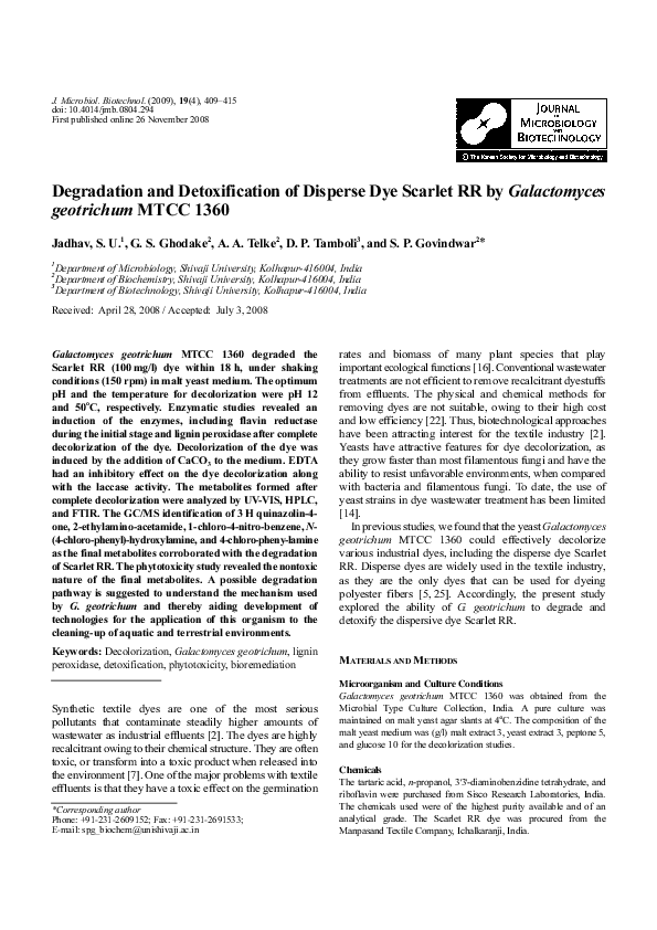 (PDF) Degradation and Detoxification of Disperse Dye Scarlet RR by ...