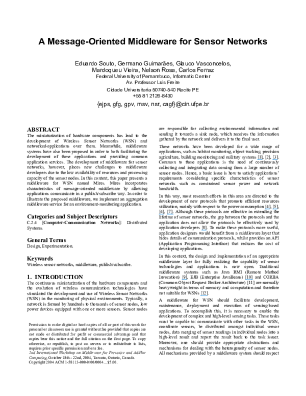 Pdf A Message Oriented Middleware For Sensor Networks