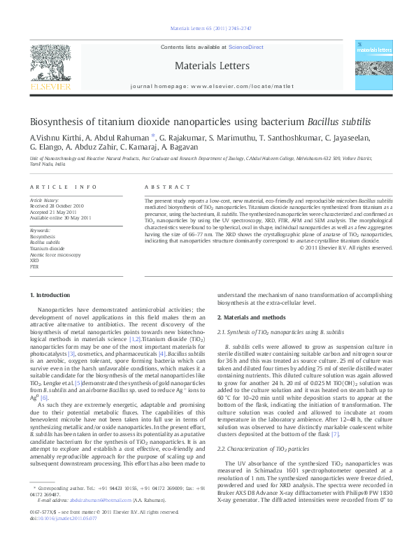 Pdf Biosynthesis Of Titanium Dioxide Nanoparticles Using Bacterium