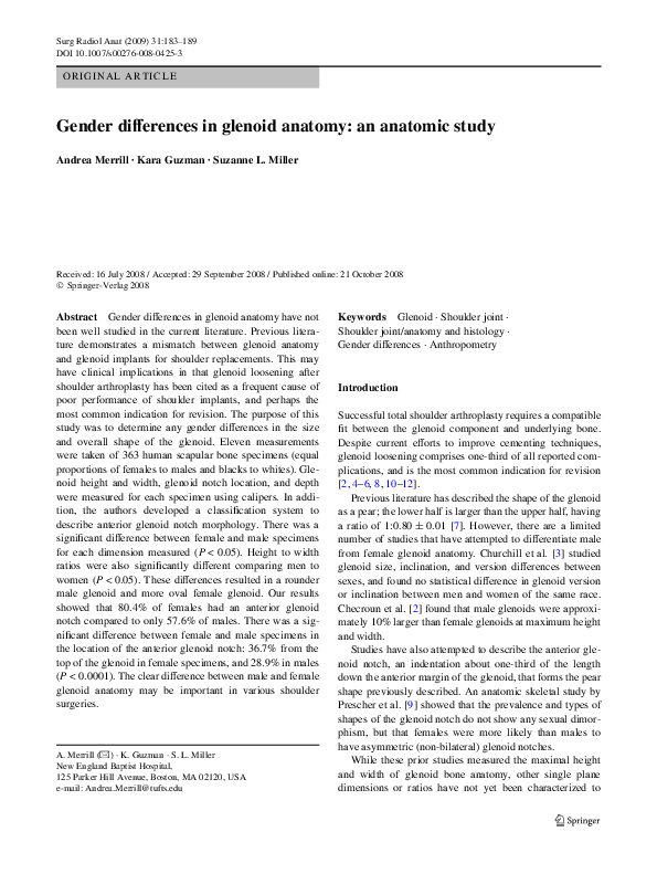 (PDF) Gender differences in glenoid anatomy: an anatomic study