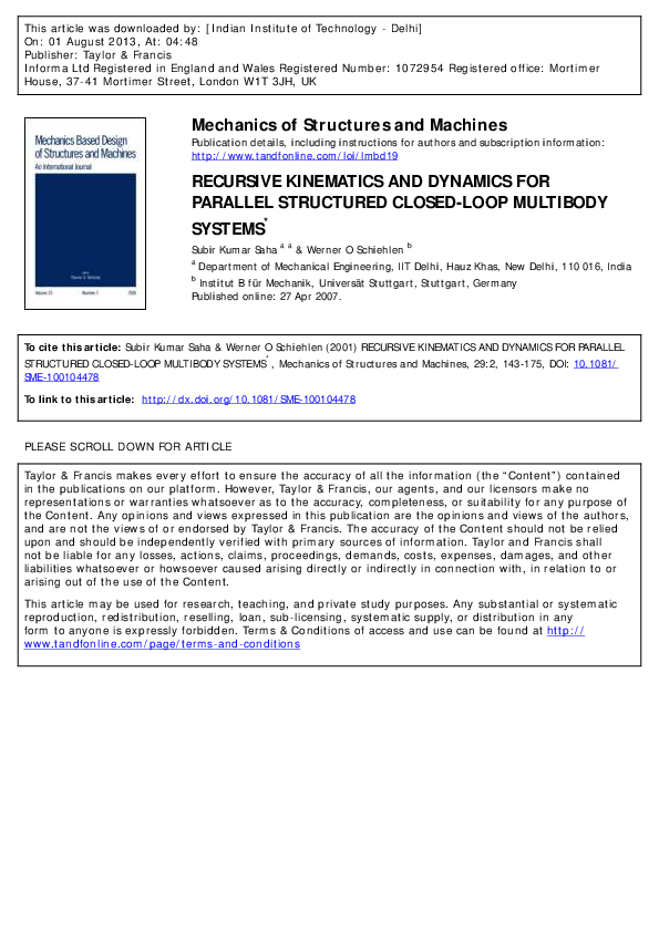 Pdf Recursive Kinematics And Dynamics For Parallel Structured Closed Loop Multibody Systems