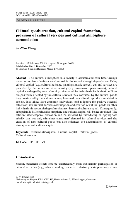 (PDF) Cultural goods creation, cultural capital formation, provision of ...