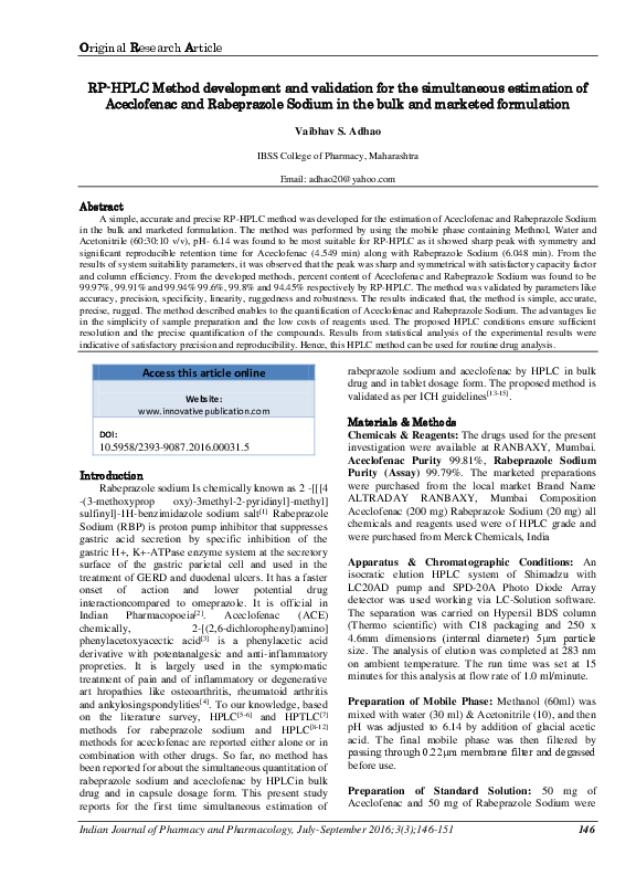 Pdf Rp Hplc Method Development And Validation For The Simultaneous Estimation Of Aceclofenac
