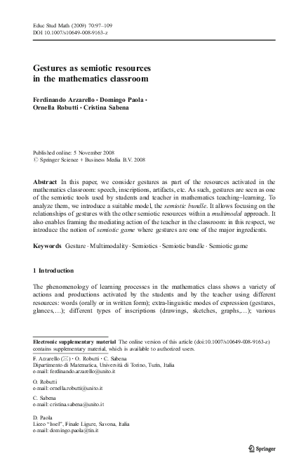 (PDF) Gestures as semiotic resources in the mathematics classroom