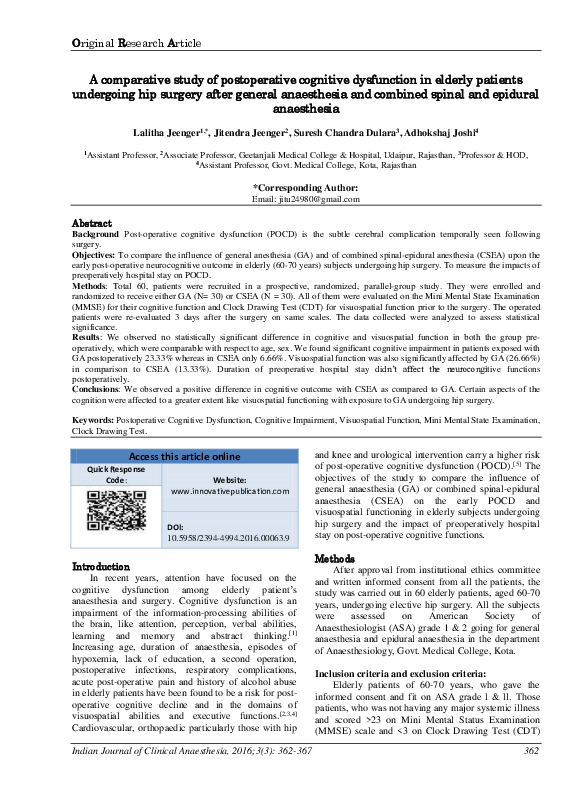(PDF) A comparative study of postoperative cognitive dysfunction in ...