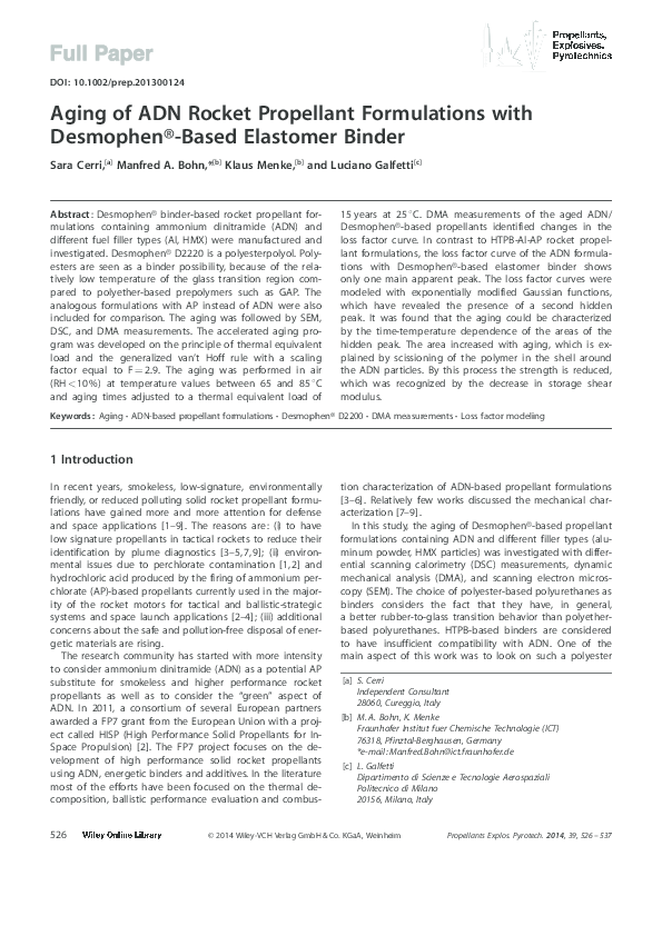 (PDF) Aging of ADN Rocket Propellant Formulations with Desmophen®-Based ...