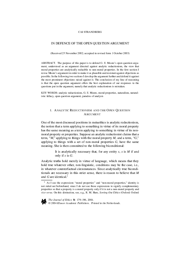 (PDF) In Defence of the Open Question Argument