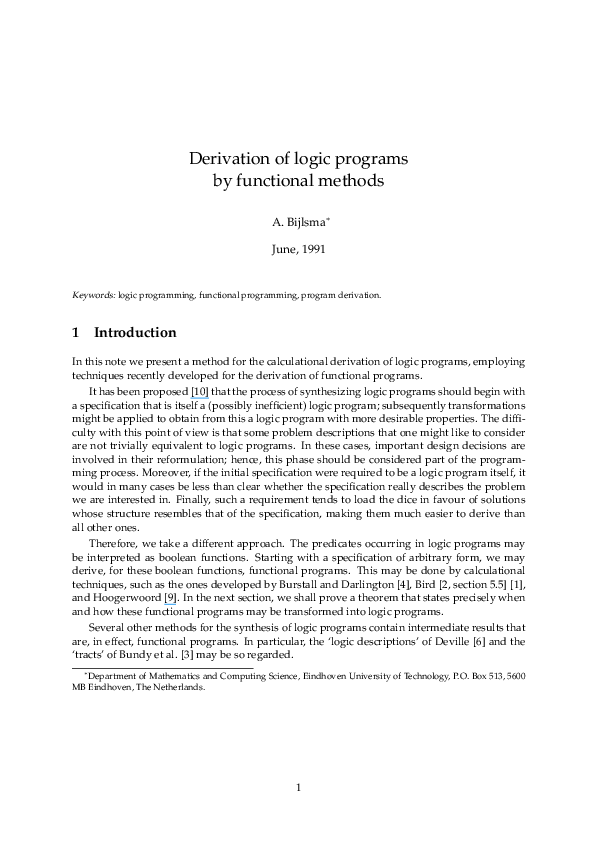(PDF) Derivation of logic programs by functional methods