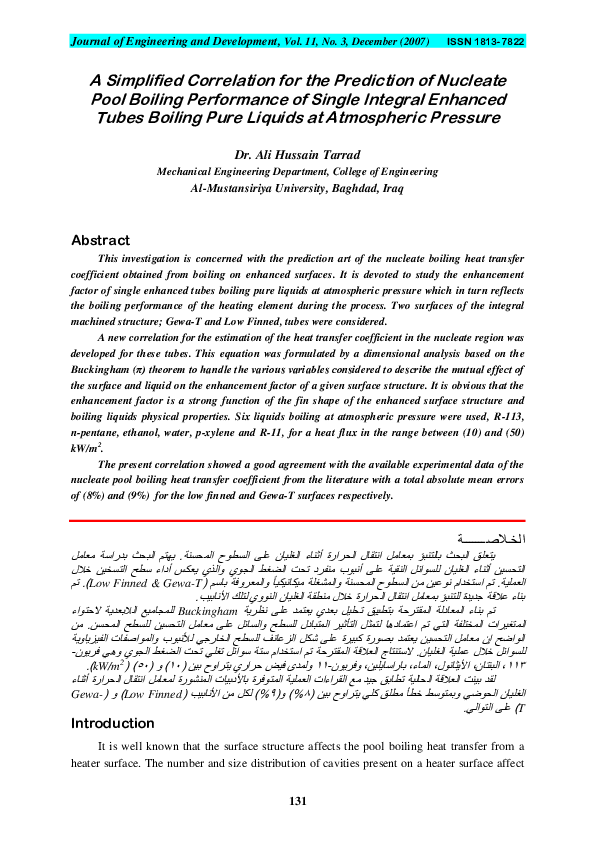 Pdf A Simplified Correlation For The Prediction Of Nucleate Pool Boiling Performance Of Single