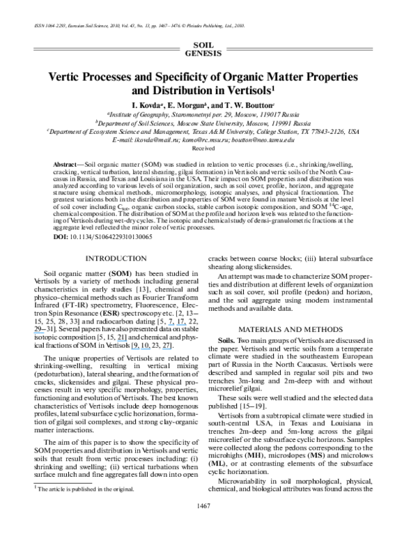 (PDF) Vertic processes and specificity of organic matter properties and ...