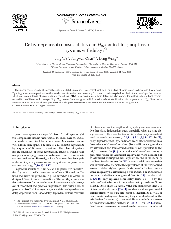 (PDF) Delay-dependent robust stability and H ∞ control for jump linear systems with delays