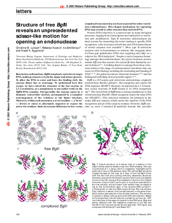 (PDF) Structure of free BglII reveals an unprecedented scissor-like ...