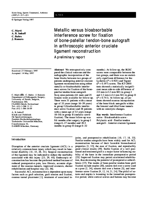 (PDF) Metallic versus bioabsorbable interference screw for fixation of ...