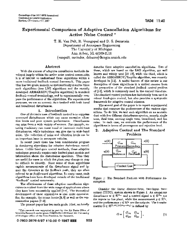 Pdf Experimental Comparison Of Adaptive Cancellation Algorithms For Active Noise Control 