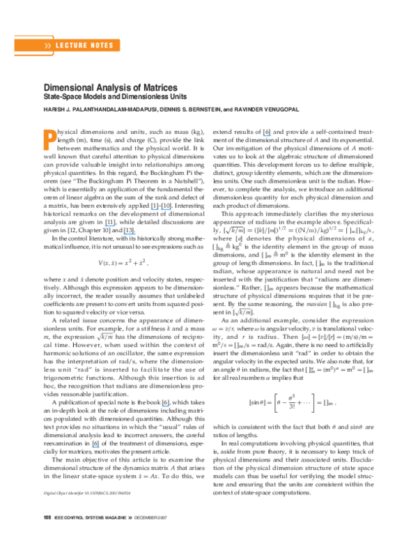 (PDF) Dimensional Analysis of Matrices State-Space Models and ...