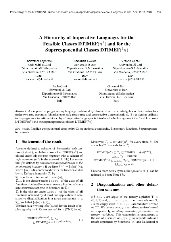 (PDF) A Hierarchy of Imperative Languages for the Feasible Classes ...