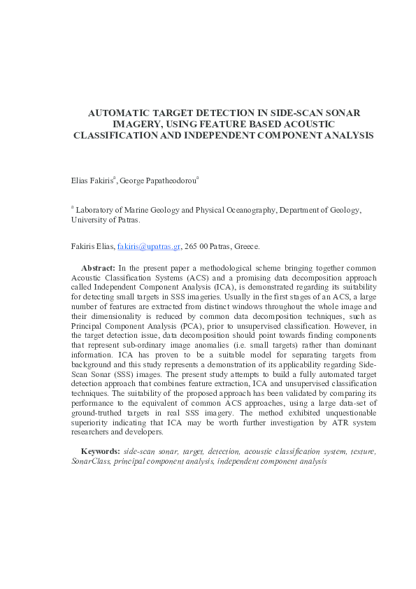Pdf Automatic Target Detection In Side Scan Sonar Imagery Using Feature Based Acoustic