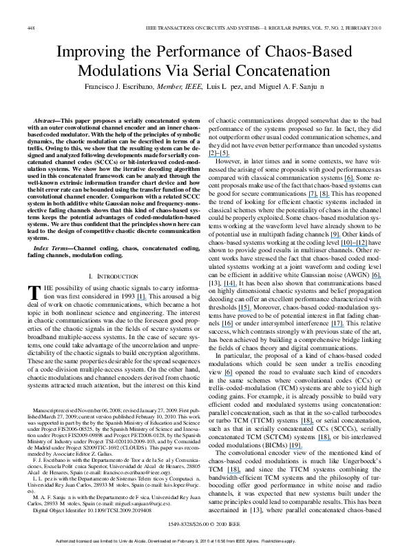 Pdf Improving The Performance Of Chaos Based Modulations Via Serial Concatenation